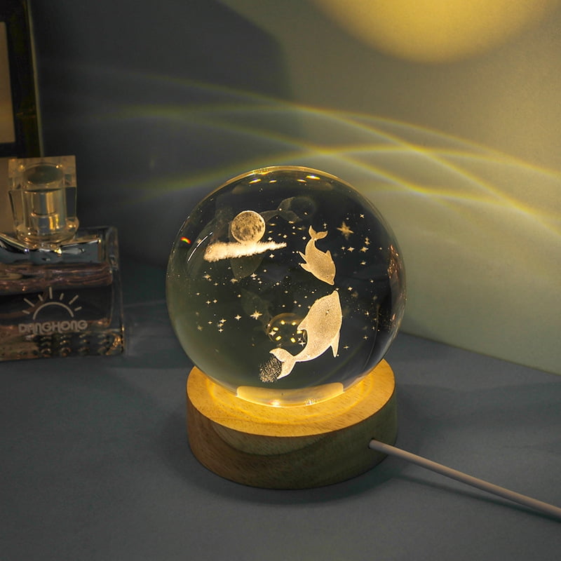 3D Crystal Ball Night Light，Glass Ball Night Lamp with Wooden Base，LED ...