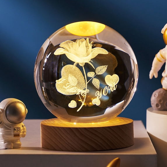 3D Crystal Ball Night Light, Rose Crystal Ball with Lighted Base, Laser ...