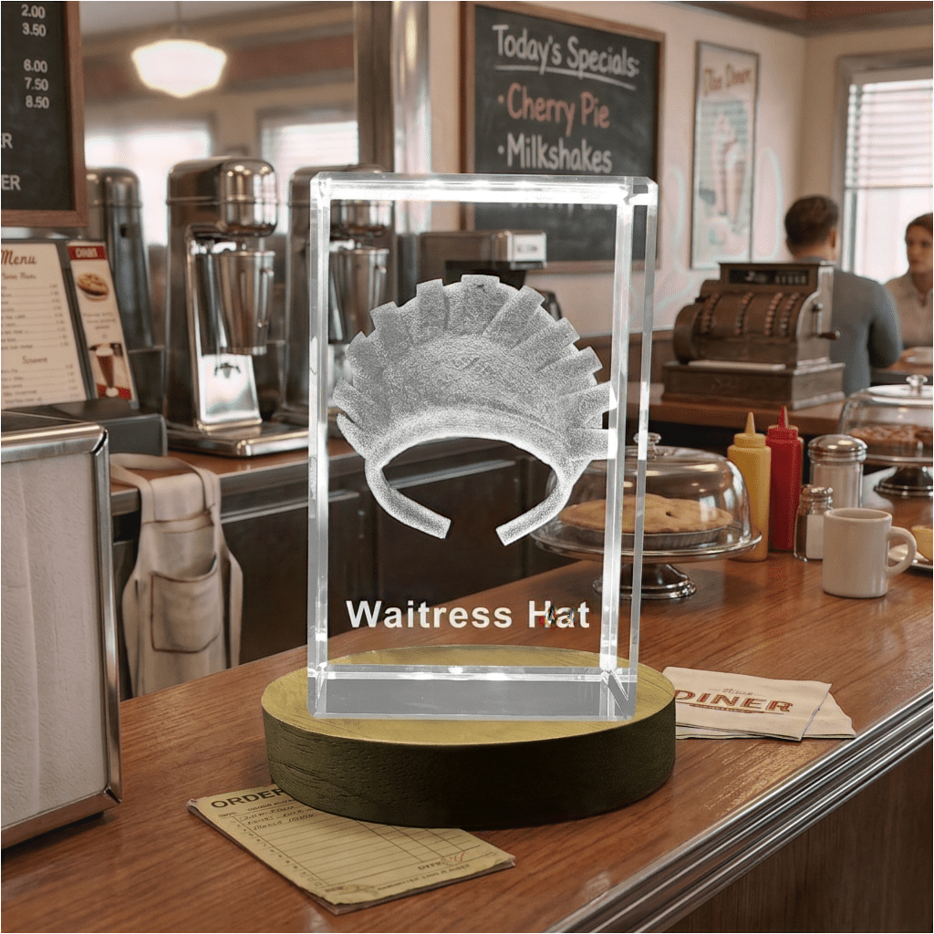 3D Crystal Waitress Hat Sculpture with Intricate Engraving and LED Base ...