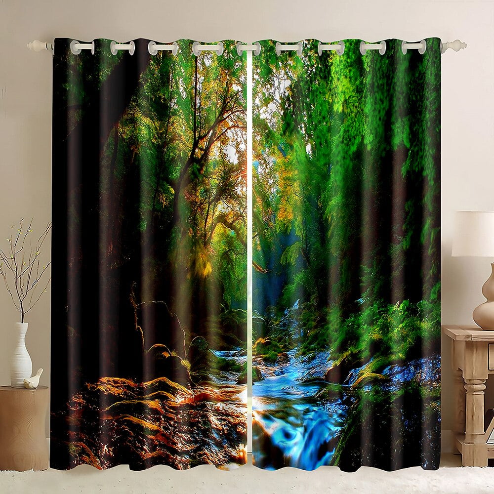 3D Custom Forest Printing Curtain Trees Path Green Lawn Nature Scene ...