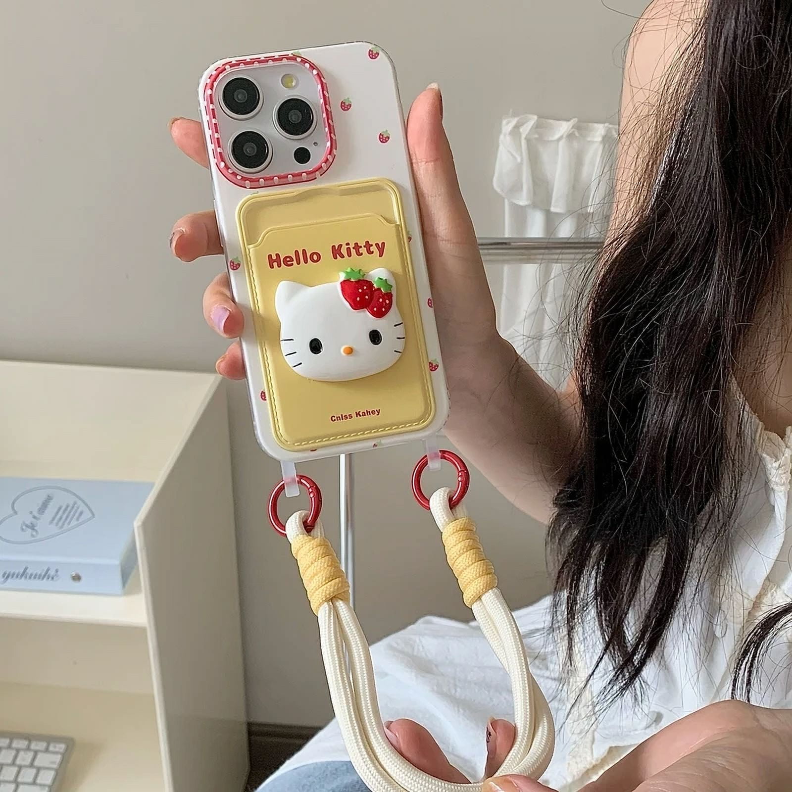 3D Cute Cartoon Sanrio Strawberry Hello Kitty Card Pocket Phone Case ...