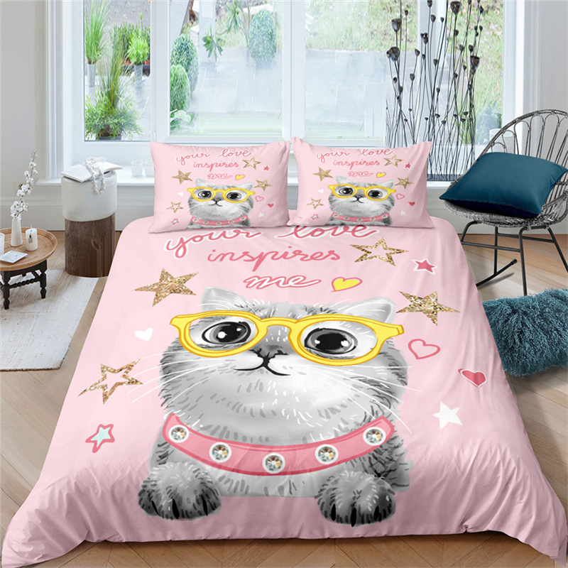 3D Cute Cat Print Bedding Set Lovely Animal Duvet Cover Microfiber Pet ...