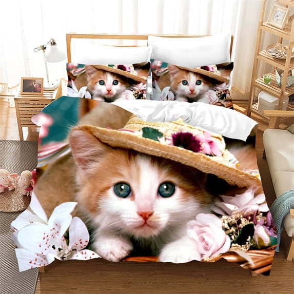 3D Cute Cat Print Bedding Set Lovely Animal Duvet Cover Microfiber Pet ...