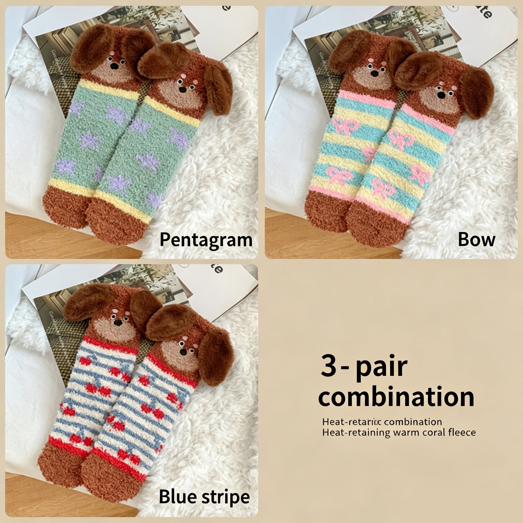 3D Cute Dog Coral Fleece Slipper Socks, Cozy Fuzzy Winter Home Socks ...