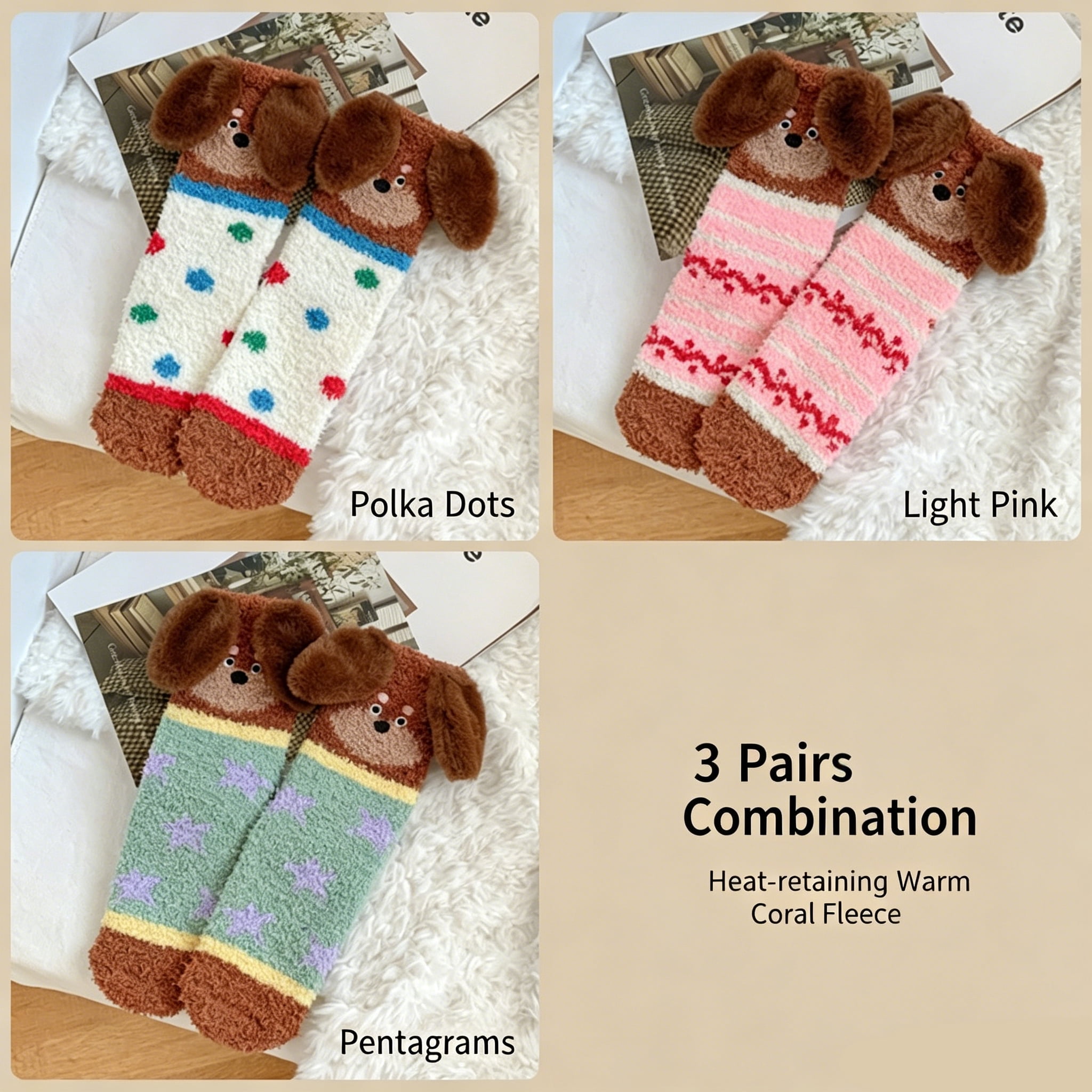 3D Cute Dog Coral Fleece Slipper Socks, Cozy Fuzzy Winter Home Socks ...