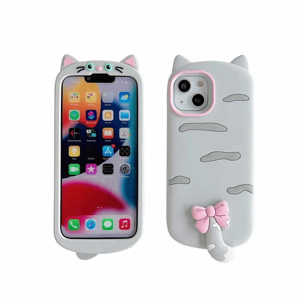 3D Cute Grey Striped Cat Silicone Phone Case with Pink Bow Cat Ears ...