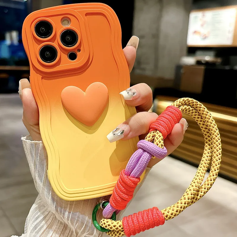 3D Cute Love Heart Gradient Curly Wave Phone Case with Wrist Strap Lanyard For iPhone 16 Pro Max ...