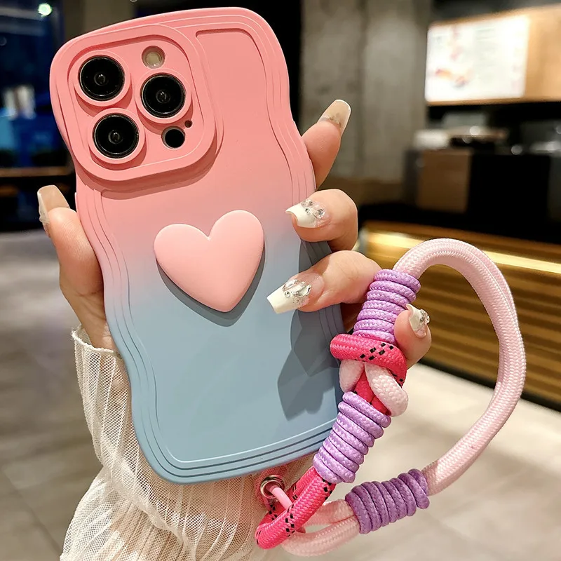 3D Cute Love Heart Gradient Curly Wave Phone Case with Wrist Strap Lanyard For iPhone 16 Pro Max ...