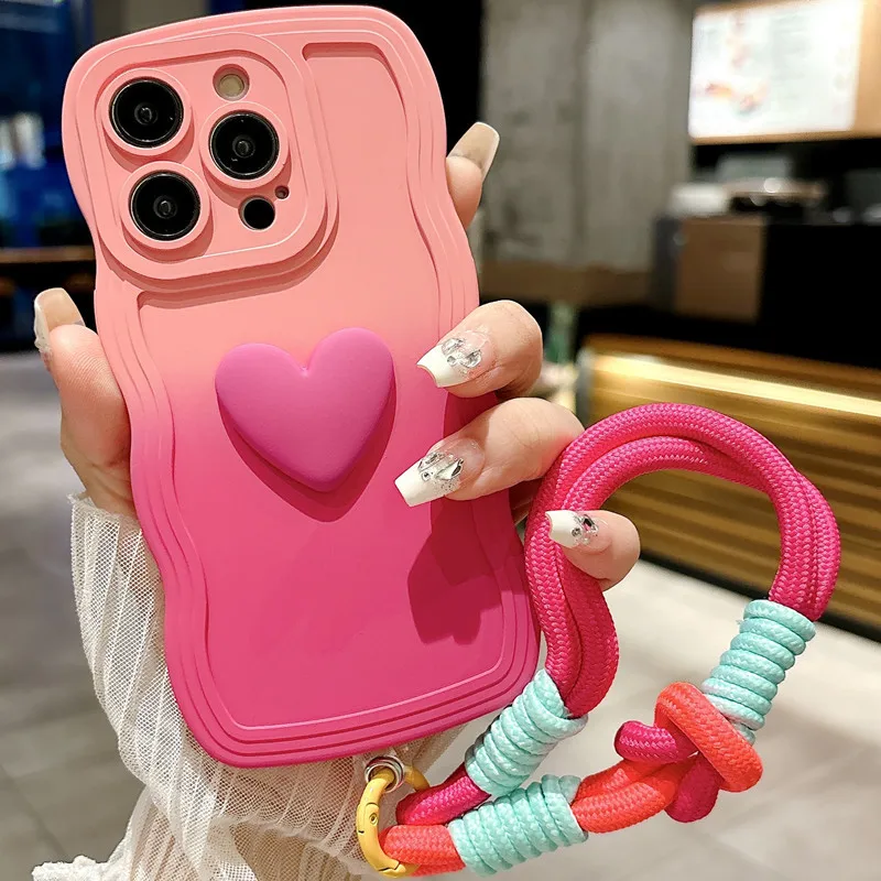 3D Cute Love Heart Gradient Curly Wave Phone Case with Wrist Strap Lanyard For iPhone 16 Pro Max ...
