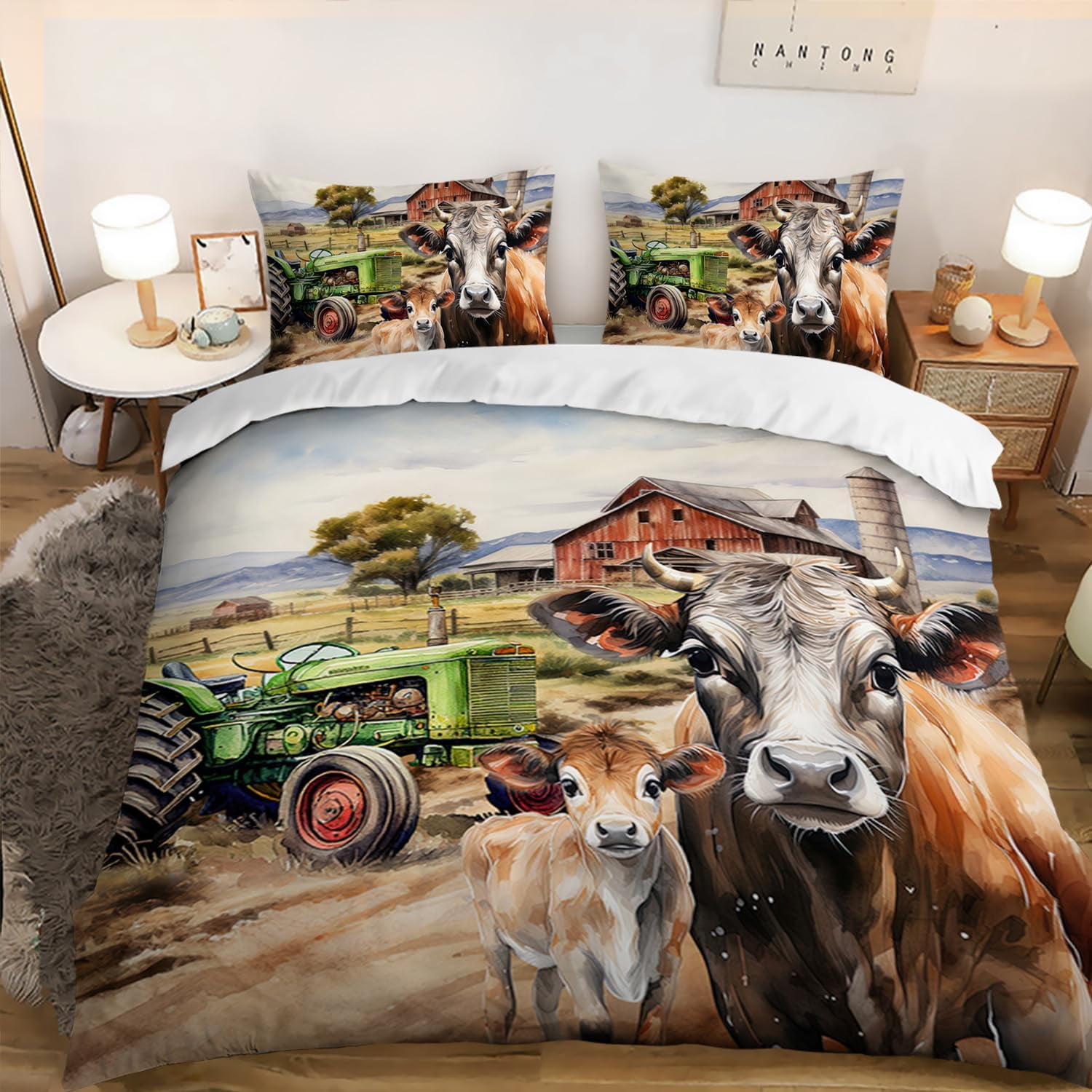 3D Dairy Cattle Duvet Cover Set, Calf Animal with Tractor Comforter ...