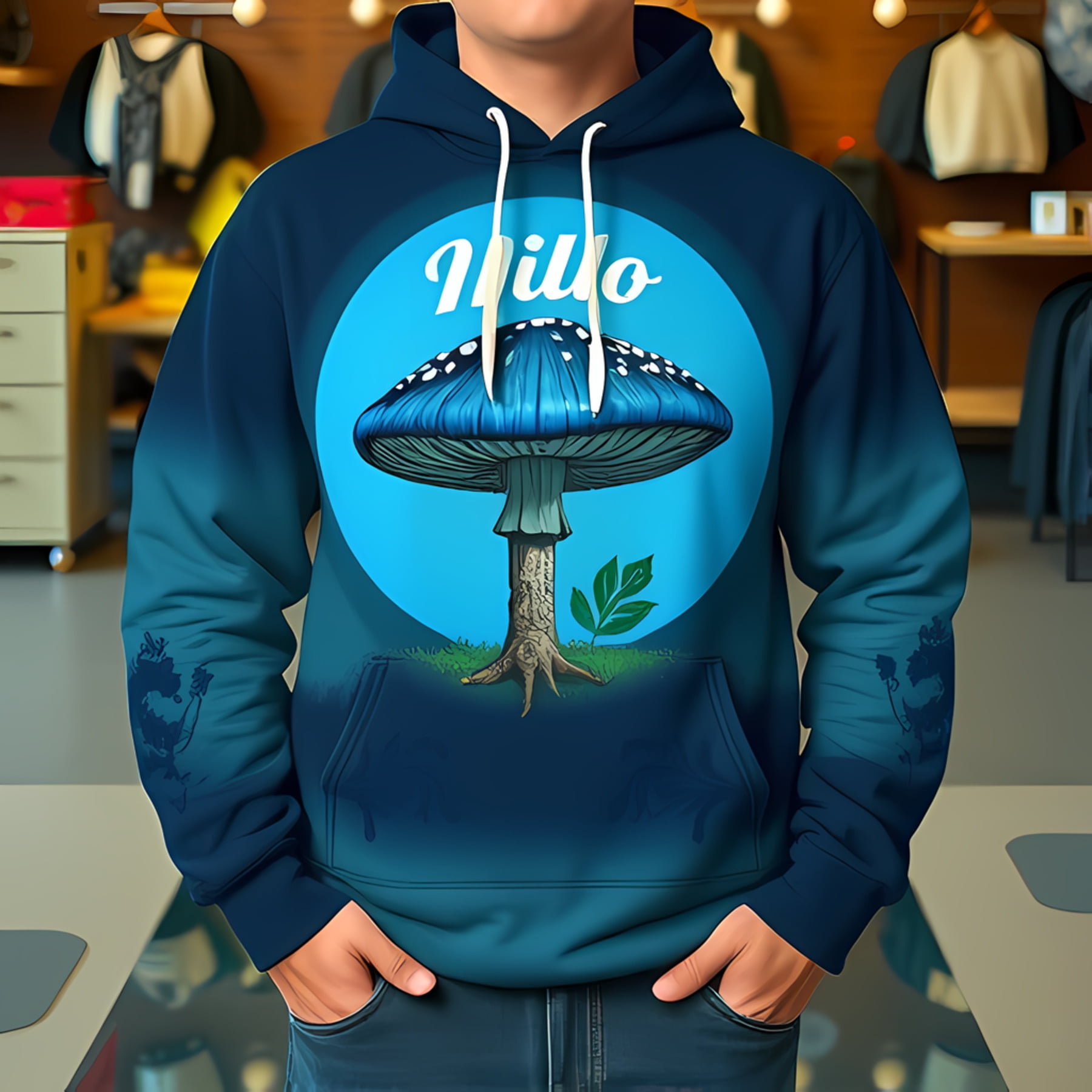 3D Dark Teal Hoodie with Vibrant Blue Mushroom Graphic & 'Milo' Script ...