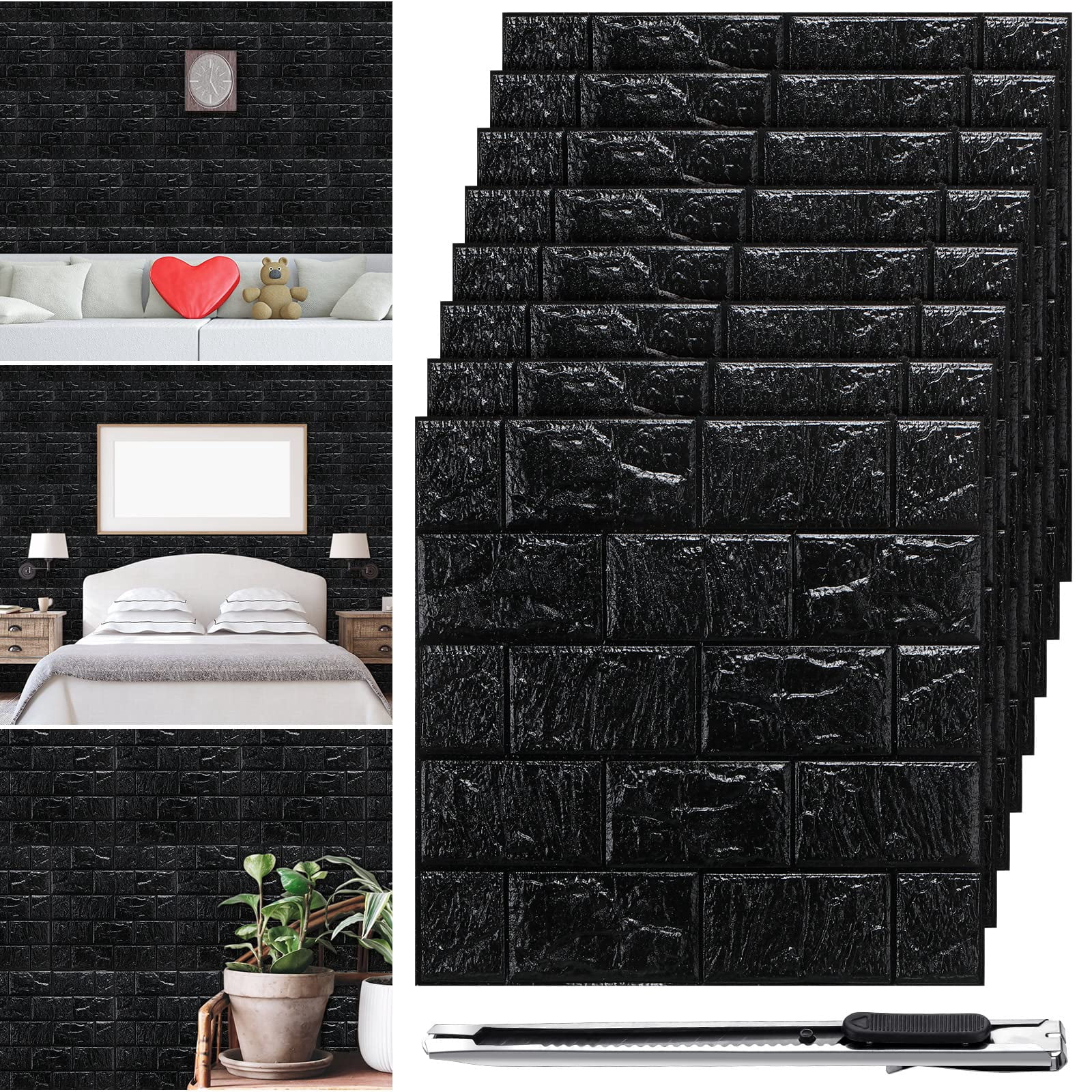 3D Decorative Wall Panels Black PE Foam Peel and Stick Faux Brick Tiles ...
