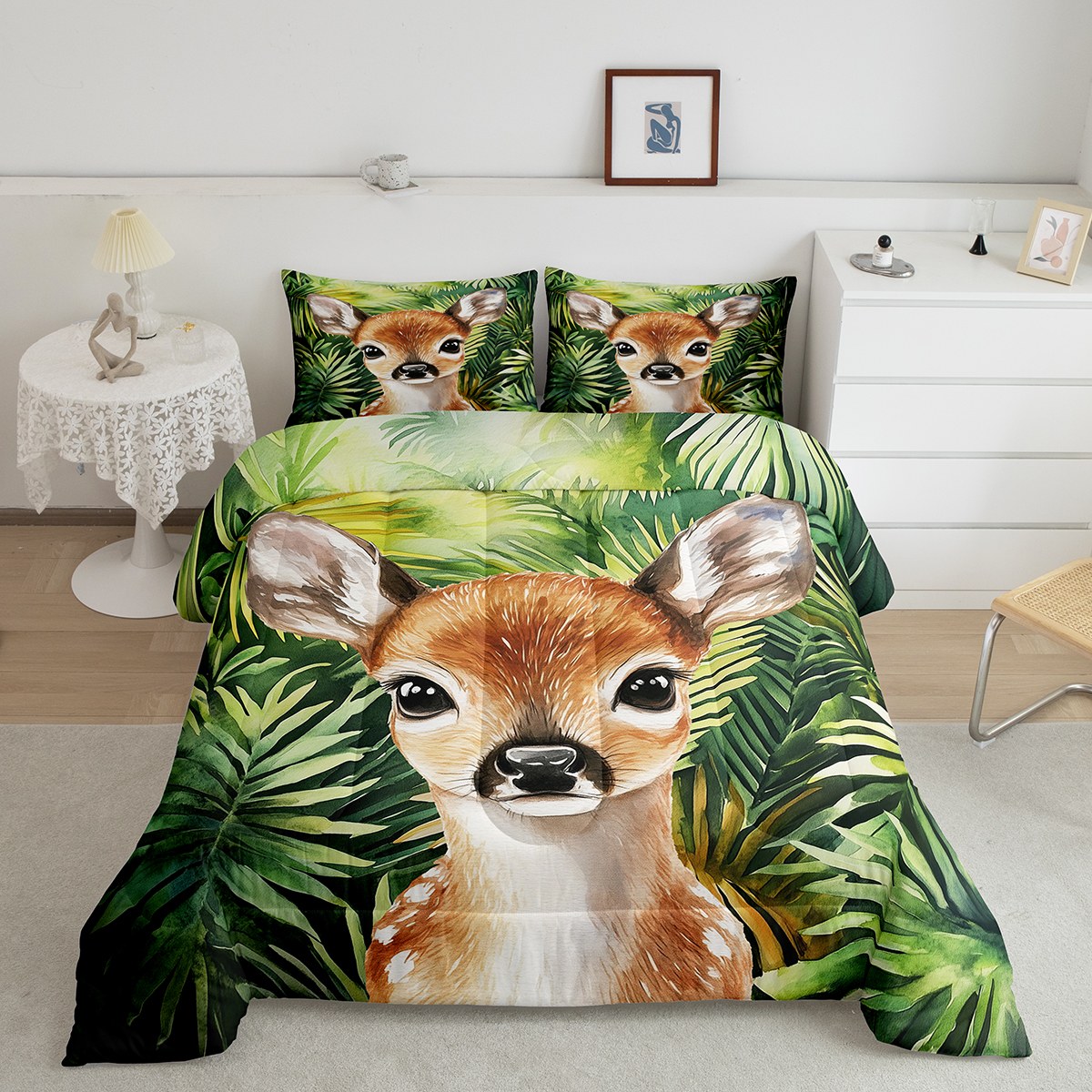 3D Deer Comforter Set Tropical Palm Leaves Bedding Set Cute Deer Animal ...