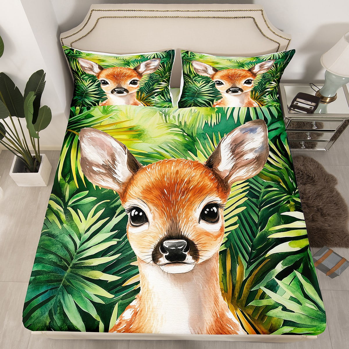 3D Deer Fitted Sheet Full Size,Tropical Palm Leaves Bed Sheet Cute Deer ...