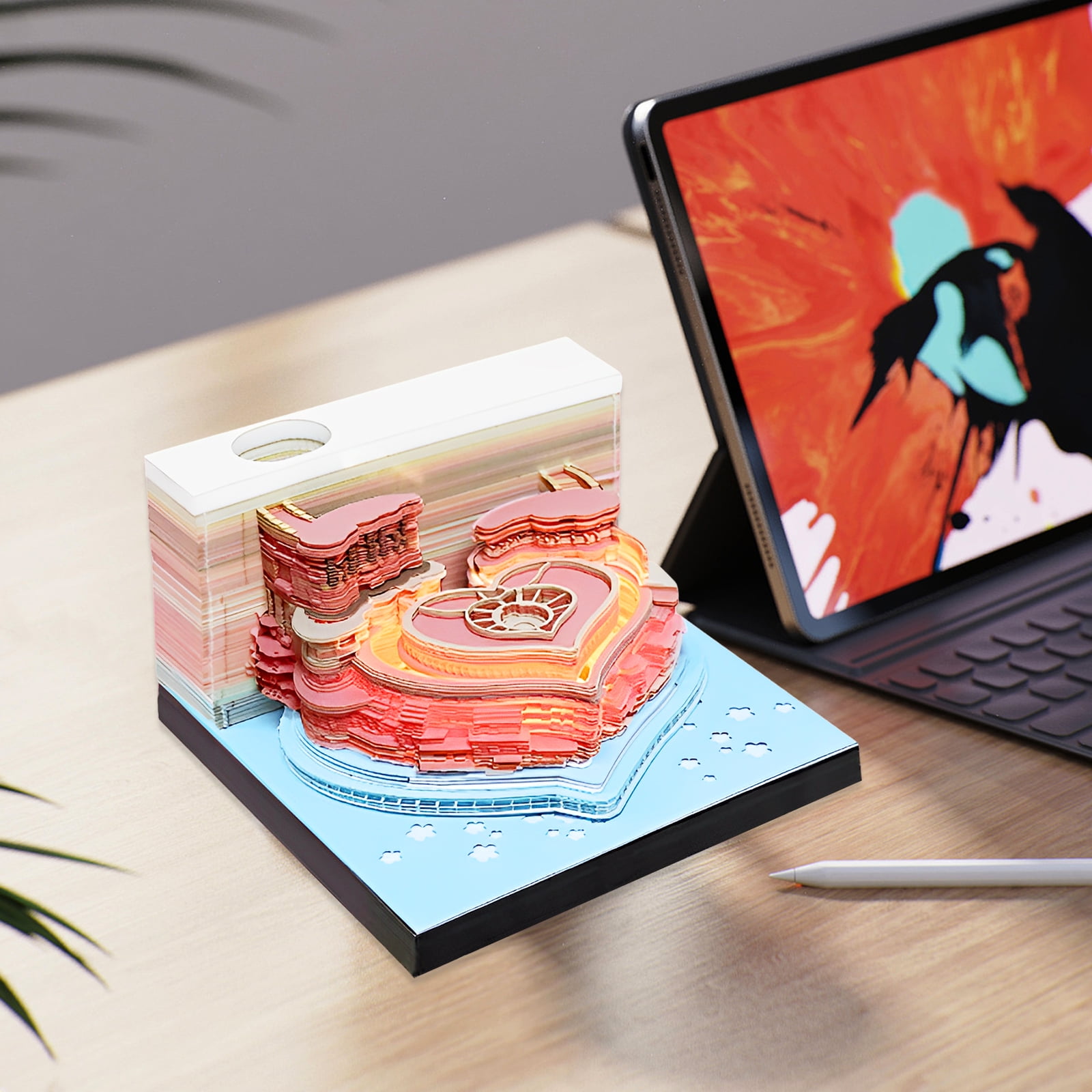 3D Desk Note Pad Creative Memo Pad with LED Lights Pen Holder Tear-Away ...