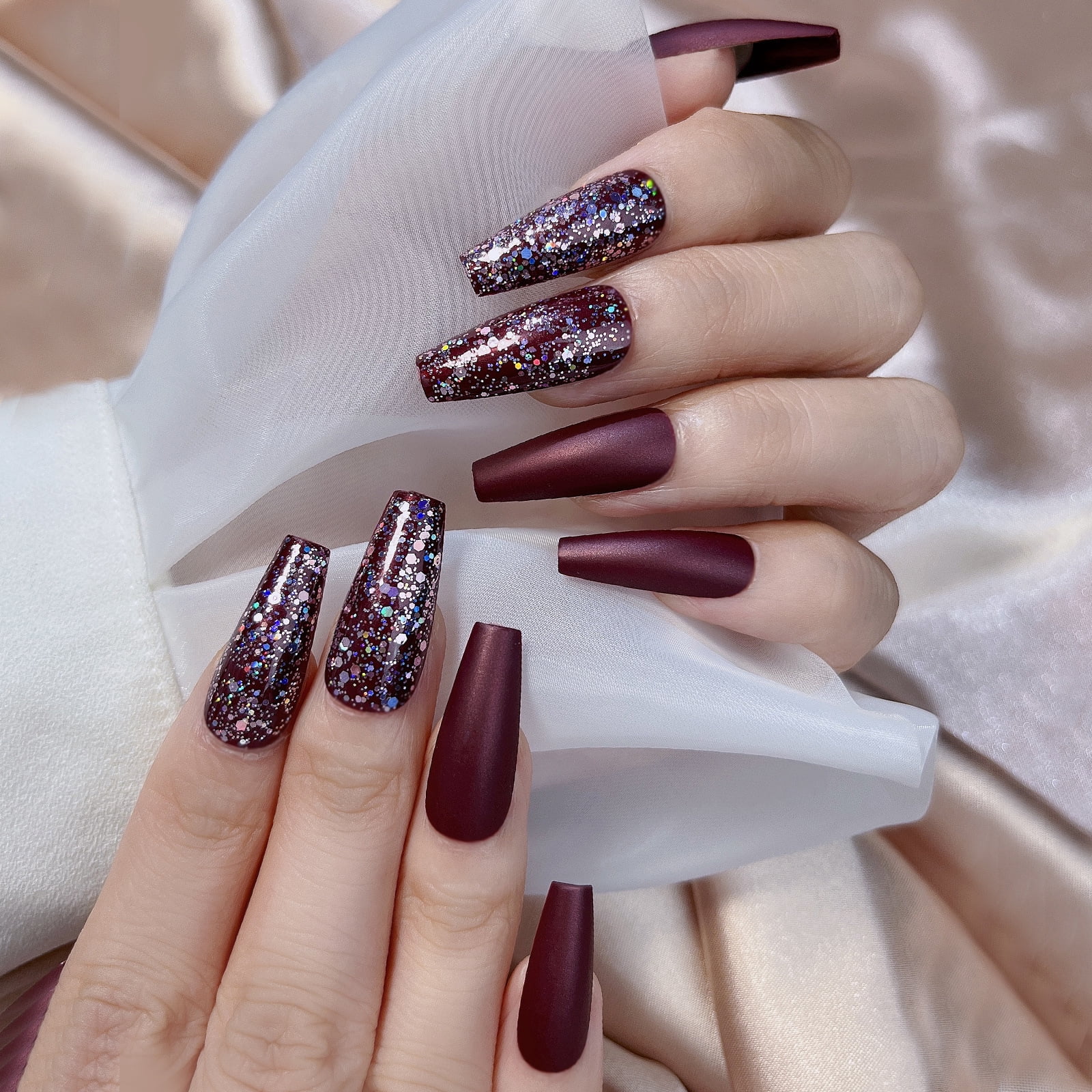 3d Diamond Burgundy Press On Fingernails Holo Rhinestones Fake Nails