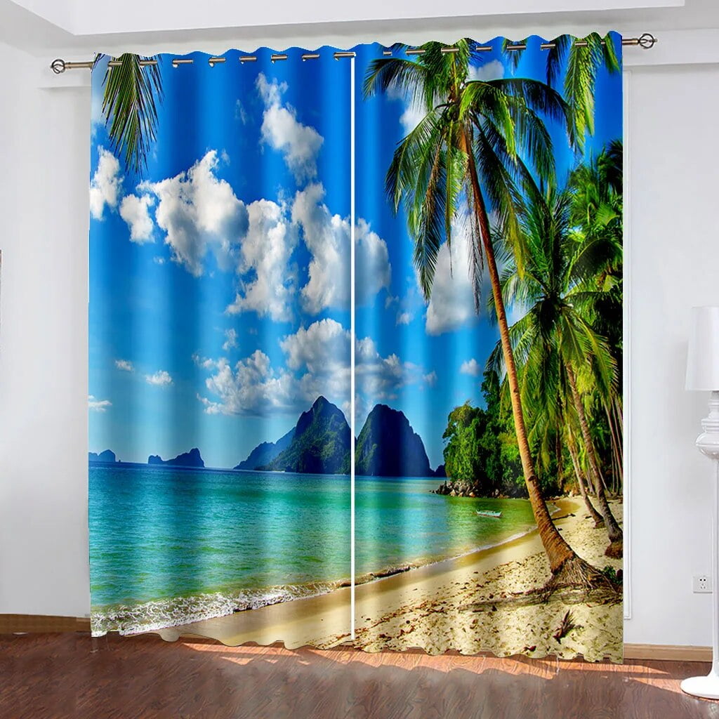 3D Digital Print Curtain Pattern Beach Scenery Curtains For The Living ...