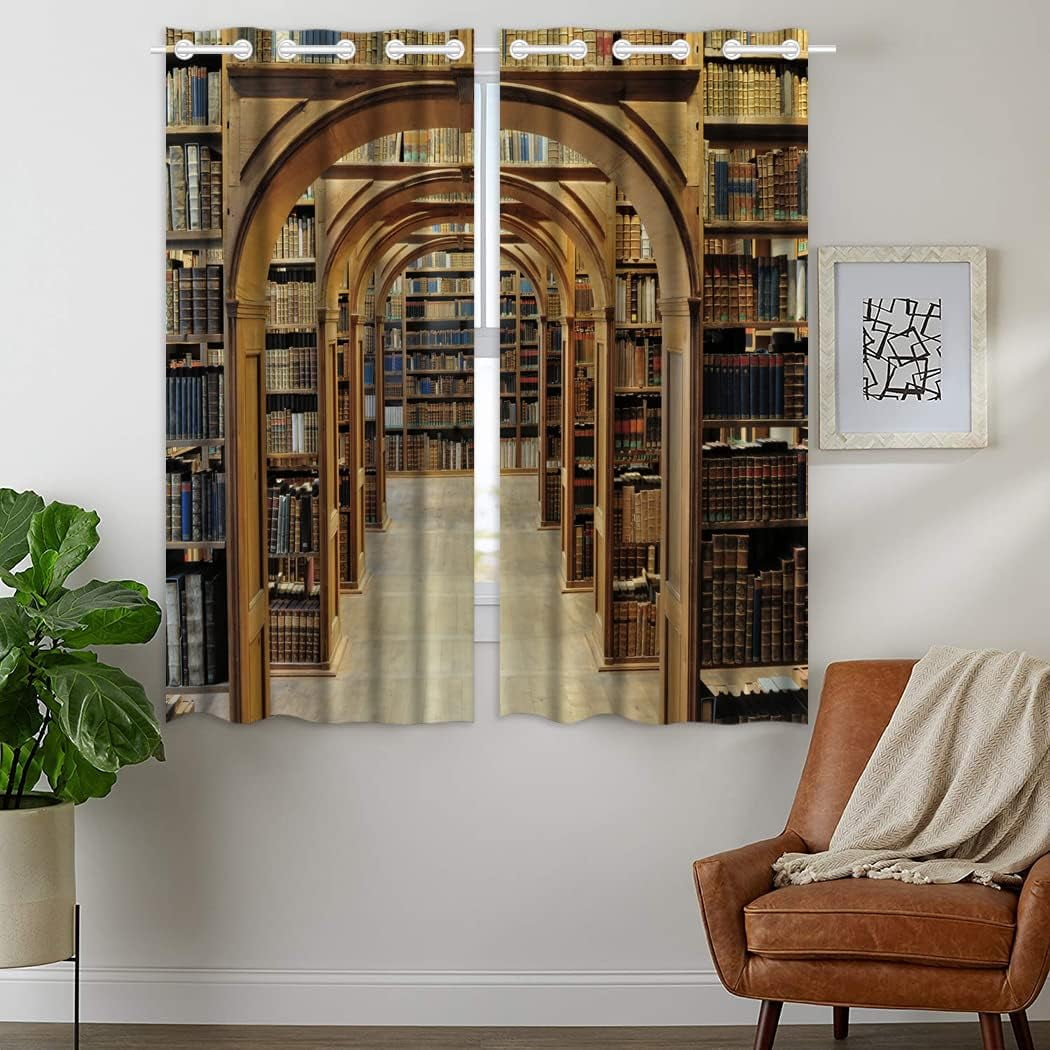 3D Digital Printed Vintage Bookshelf Bookcase Curtains Living Room ...