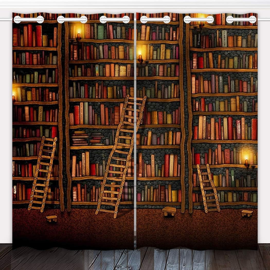 3D Digital Printed Vintage Bookshelf Bookcase Curtains Living Room ...