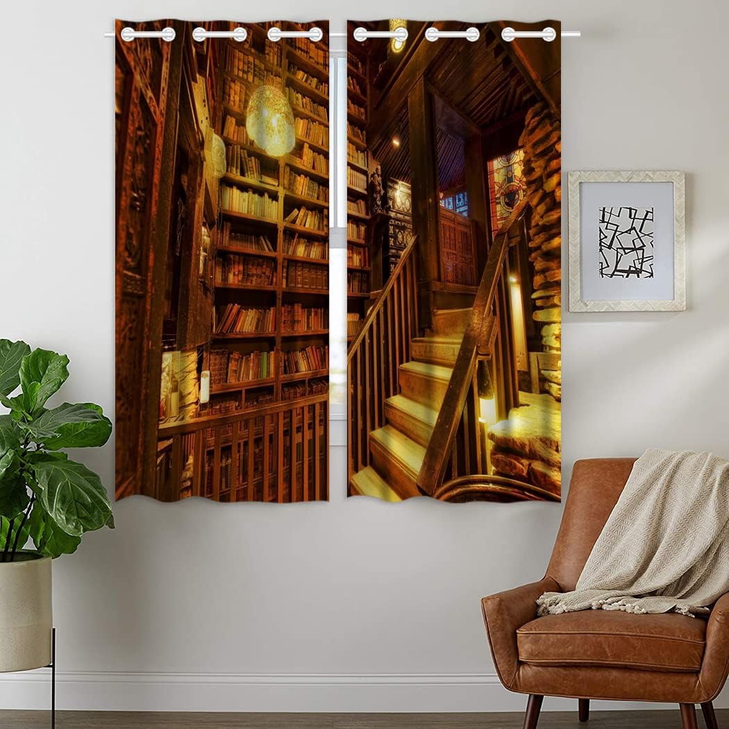 3D Digital Printed Vintage Bookshelf Bookcase Curtains Living Room ...