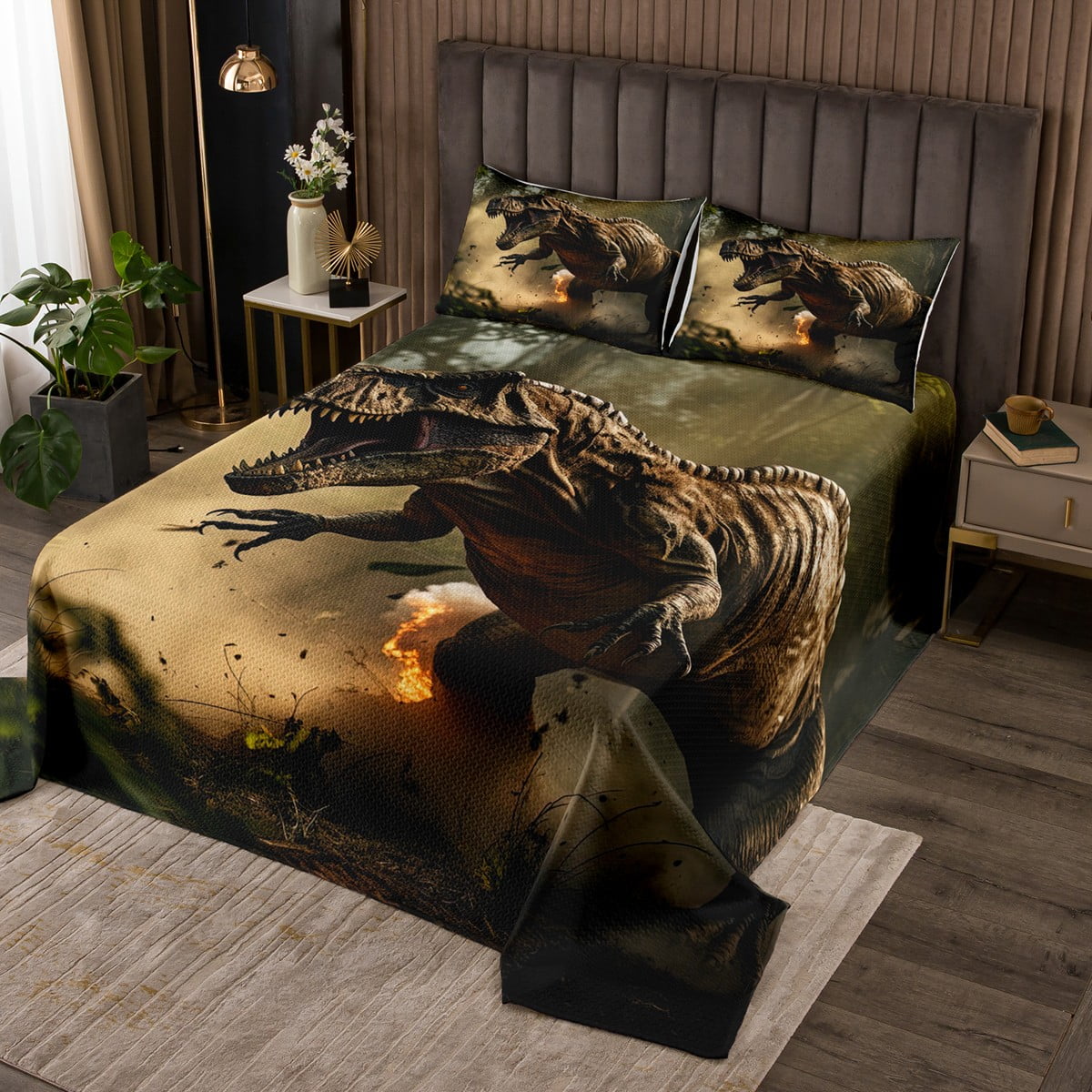 3D Dinosaur Bedspread Set Fierce Wild Animal Quilt Set Bedroom Decor ...