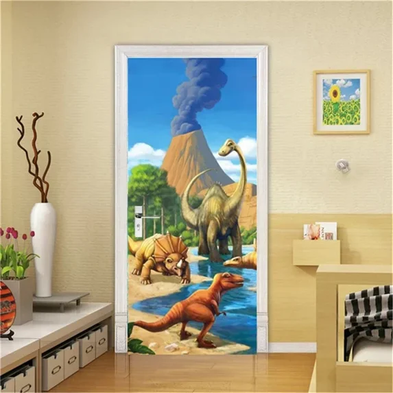 3D Dinosaur Door Stickers Cartoon Animal Wallpaper Self-Adhesive PVC Mural Creature Kids Room ...
