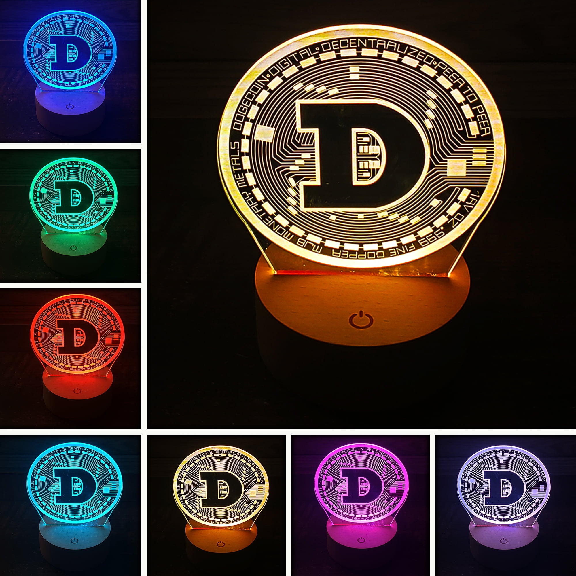 3D Dogecoin Desk Light - 7 Color Wood LED Lamp Base with USB or Battery ...