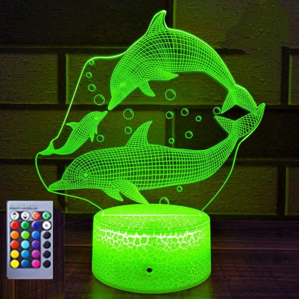 3D Dolphin Night Light Table Desk Optical Illusion Lamps 16 Color ...