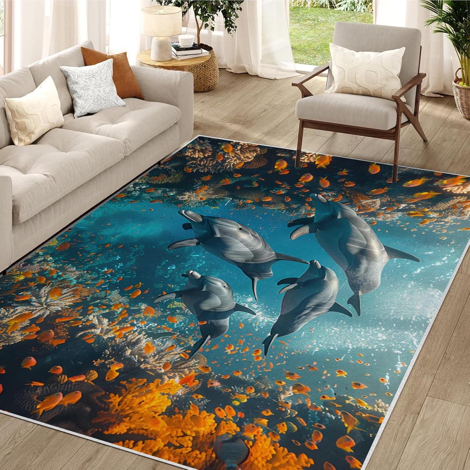 3D Dolphins Rug, Ocean Animal Marine Life Coastal Area Rugs For ...