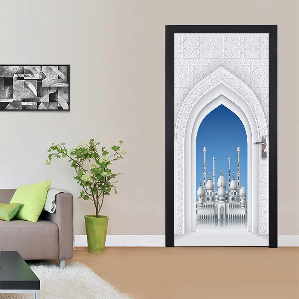 3D Door Poster White Palace Grand Mosque of Mecca DIY Door Sticker Home ...