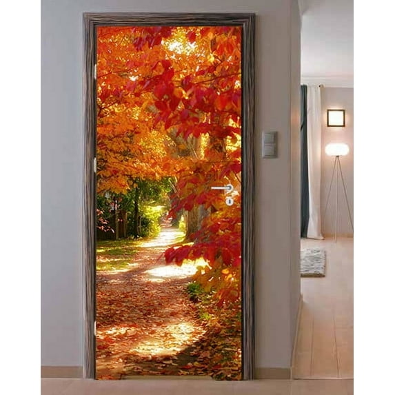 3D Door Sticker Fall Red Leave Way Wall Sticker DIY Door Cover Kitchen ...