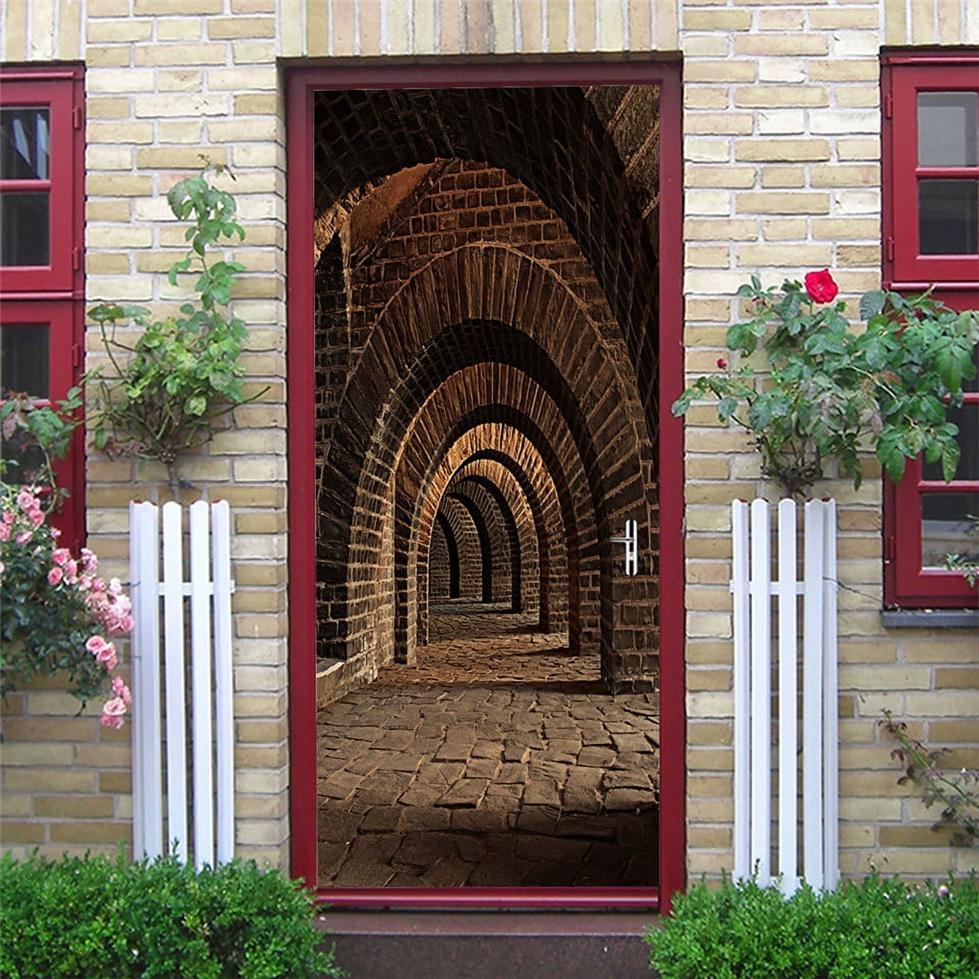 3D Door Sticker Forest Wall Mural Art Green Tree Drawbridge Wallpaper ...