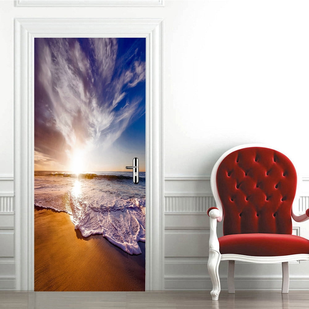 3D Door Sticker Wallpaper Self-adhesive Seaside Beach Door Decal Mural ...
