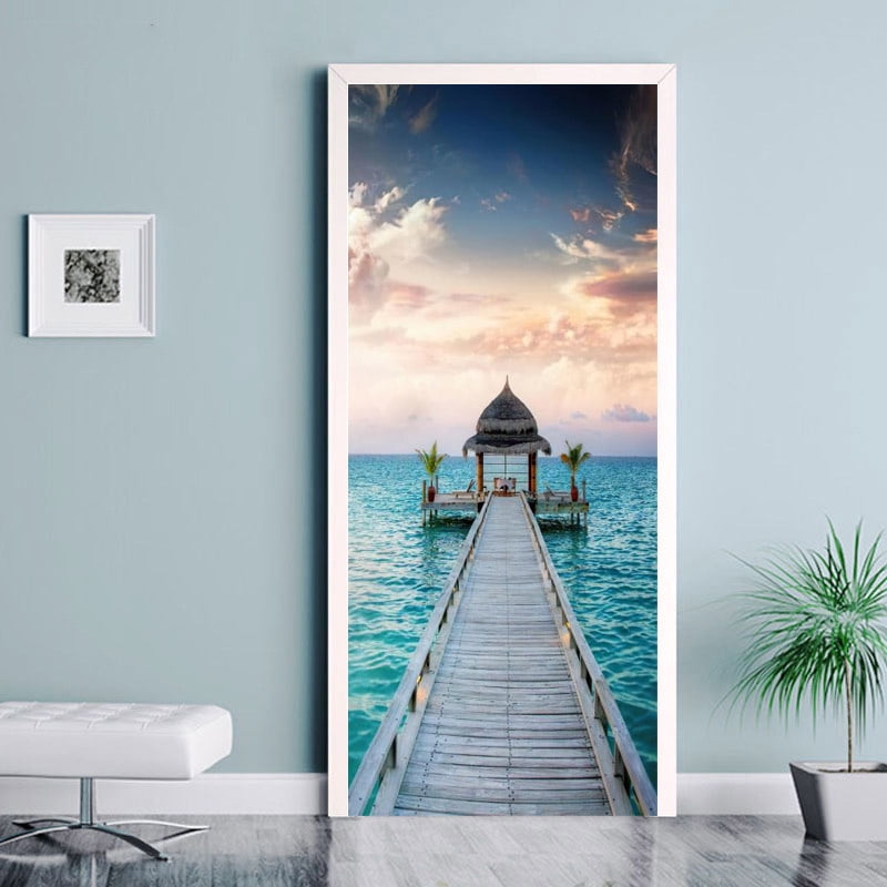 3D Door Sticker Wallpaper Self-adhesive Seaside Landscape Beach Door ...
