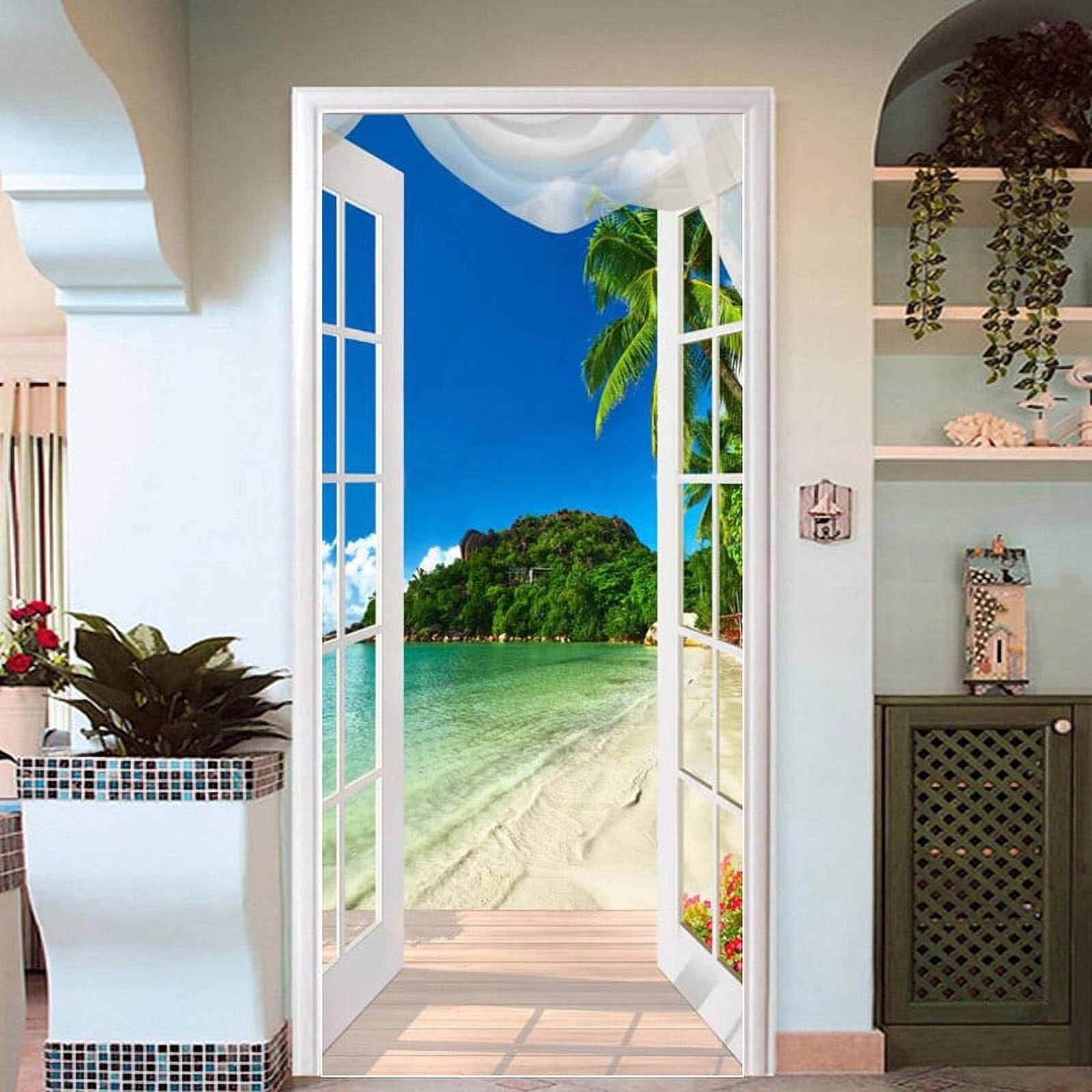 3D Door Sticker Wallpaper Self-adhesive Seaside Landscape Beach Door ...