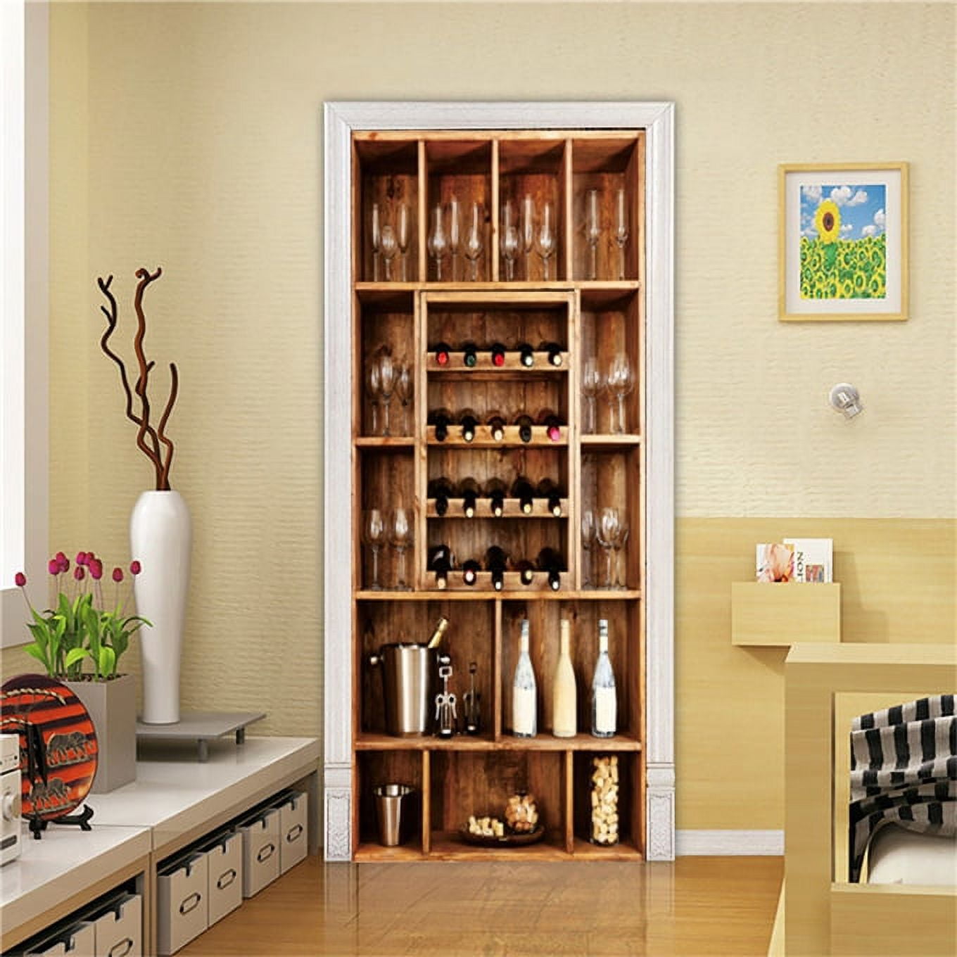 3D Door Sticker Wine Cabinet Bookshelf Self Adhesive Poster For Living ...
