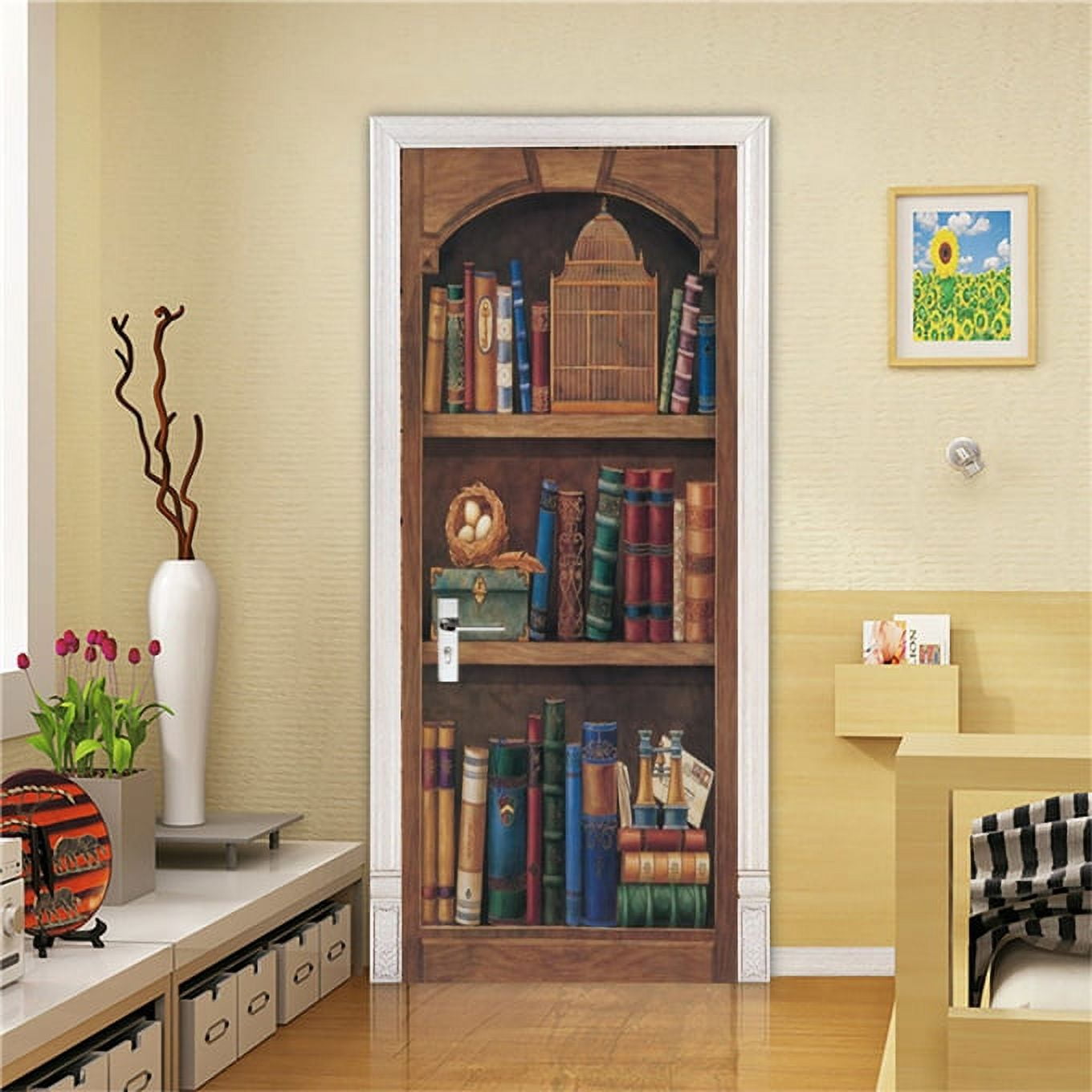 3D Door Sticker Wine Cabinet Bookshelf Self Adhesive Poster For Living ...