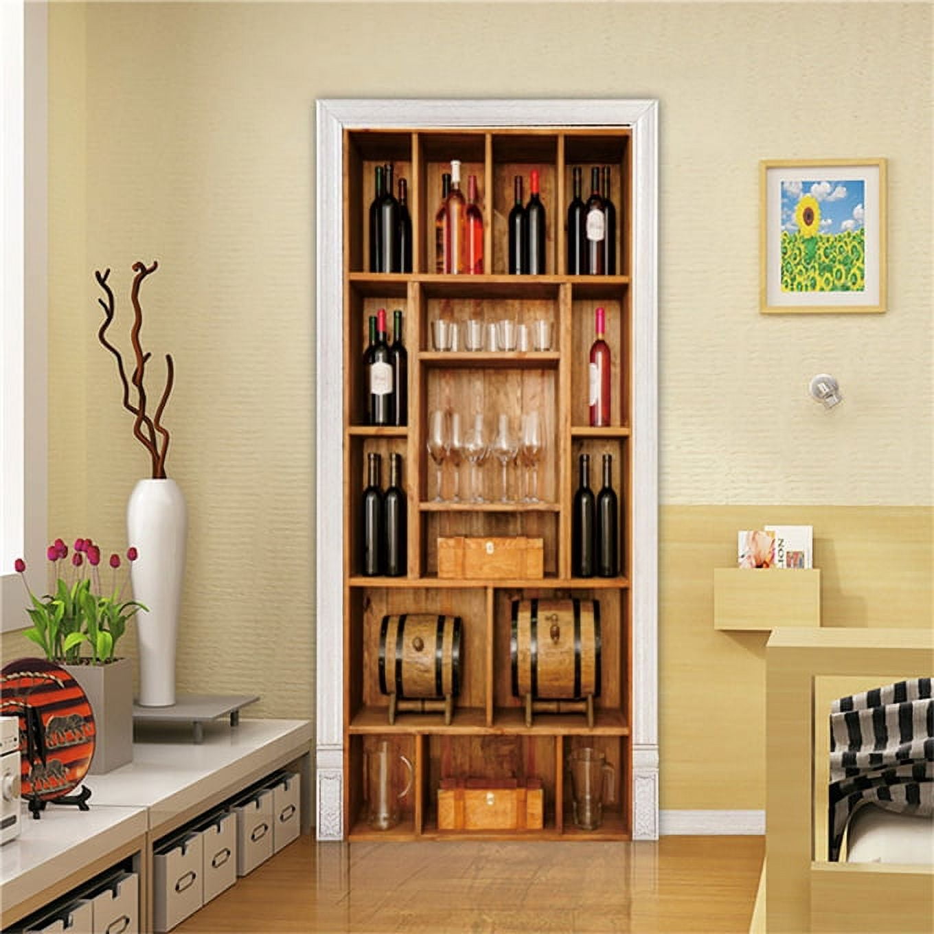 3D Door Sticker Wine Cabinet Bookshelf Self Adhesive Poster For Living ...