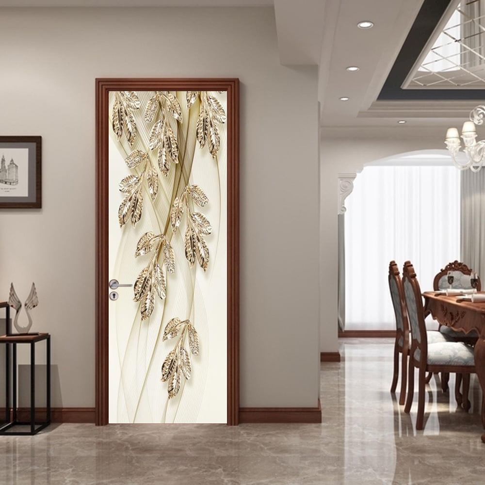 3D Door Stickers for Interior Doors Golden Leaves on Beige Ribbons ...
