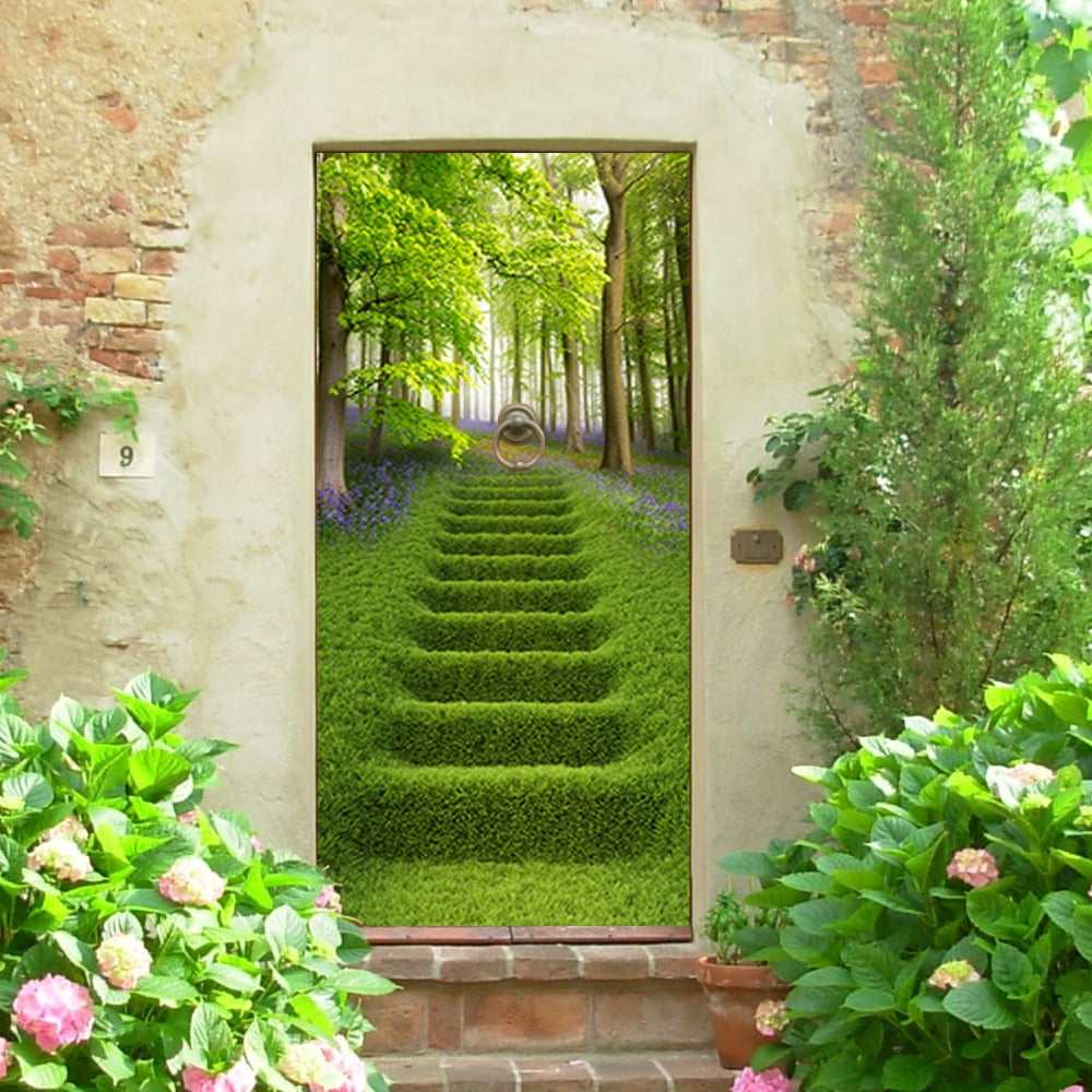 3D Door Stickers for Interior Doors Green Grass Lawn Stairs in Forest ...