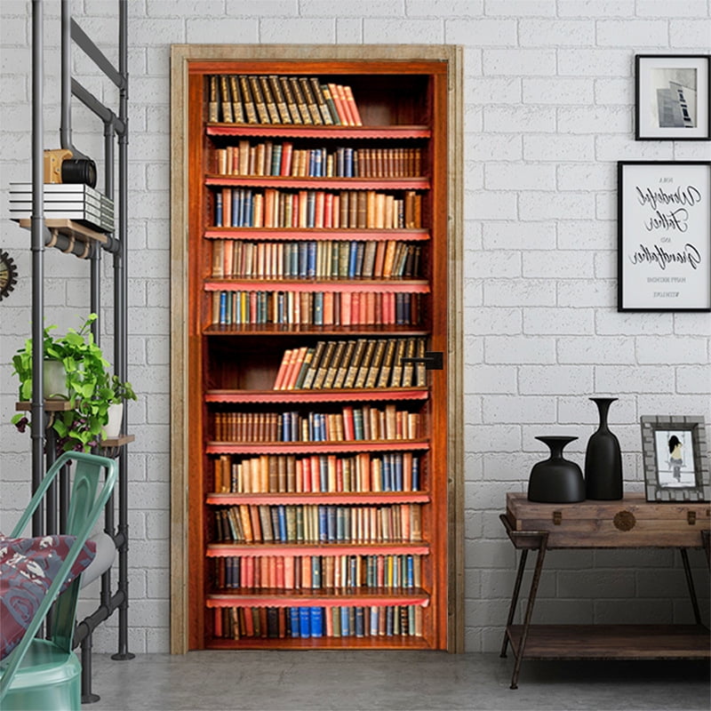 3D Door Stickers for Interior Doors Old Bookshelf Book Cabinet Bookcase ...