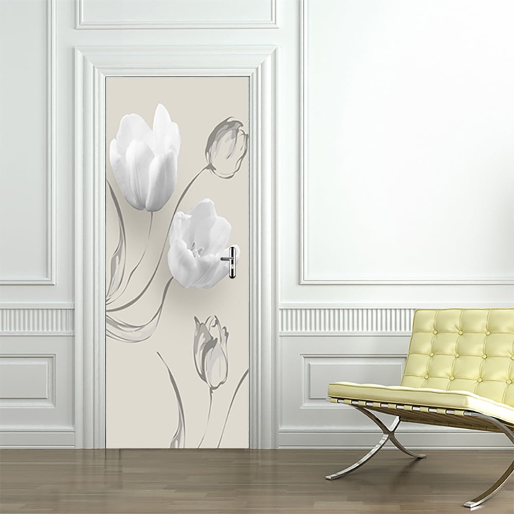 3D Door Stickers Self Adhesive White Flowers Door Mural Removable Wall ...