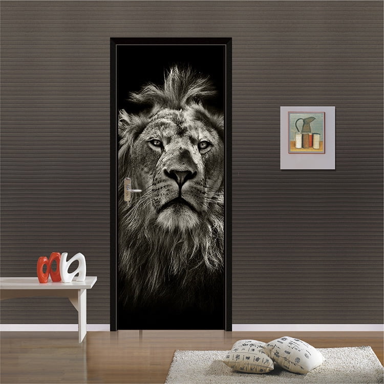 3D Door Stickers for Interior Doors Portrait of A Lion Black and White Vinyl Waterproof Self ...