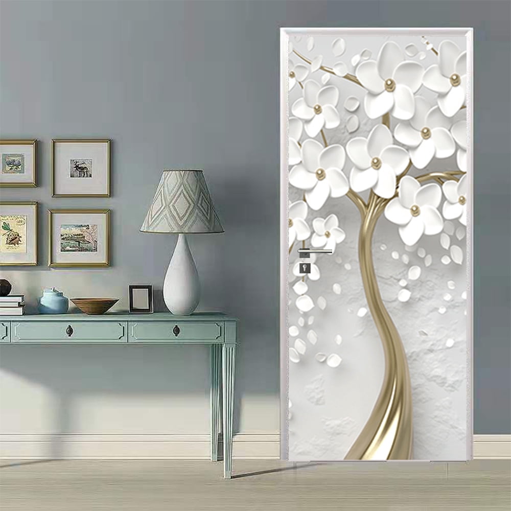 3D Door Stickers for Interior Doors White Flowers Background Modern Art ...