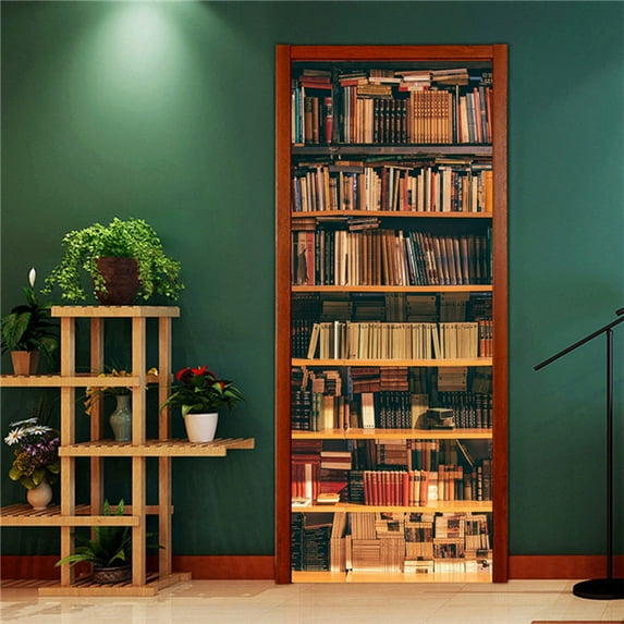 3D Door Wallpaper PVC Library Bookshelf Wall Sticker Self Stick DIY ...