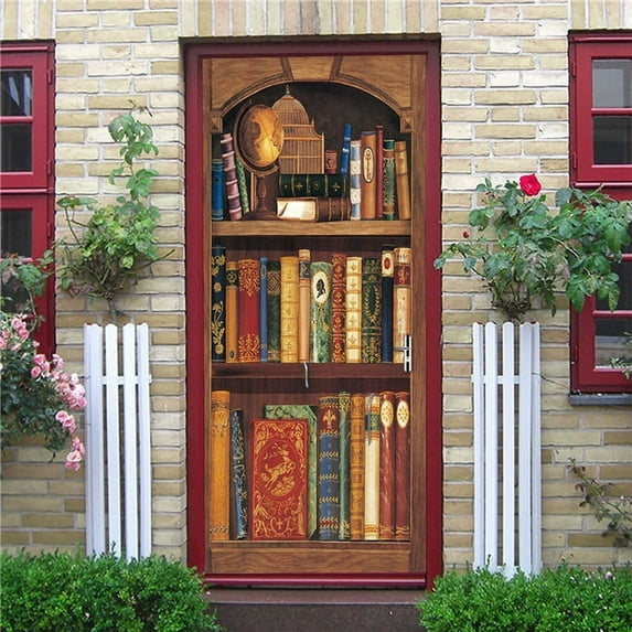 3D Door Wallpaper PVC Library Bookshelf Wall Sticker Self Stick DIY Poster for Bedroom Study ...