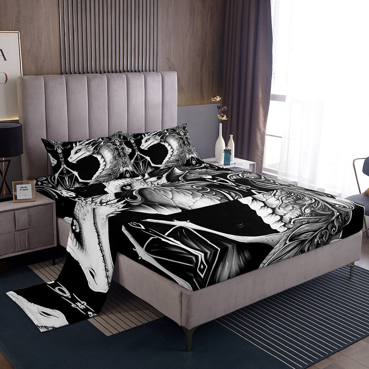 3D Dragon Bed Sheets Set King Vintage Gothic Sheet Set,Black and White ...