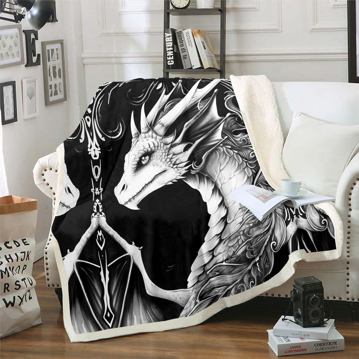 3D Dragon Blanket 40"x50" Vintage Gothic Throw Blanket,Black and White ...