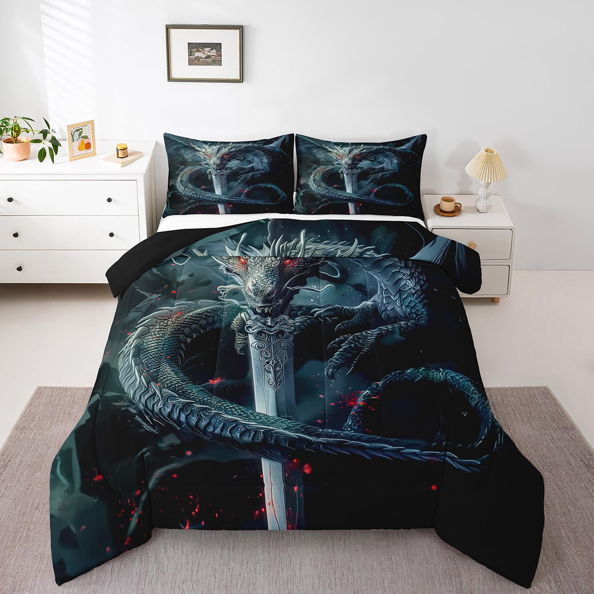 3D Dragon Comforter Set Sword Dragon Bedding Queen, Cool Animal Fire ...