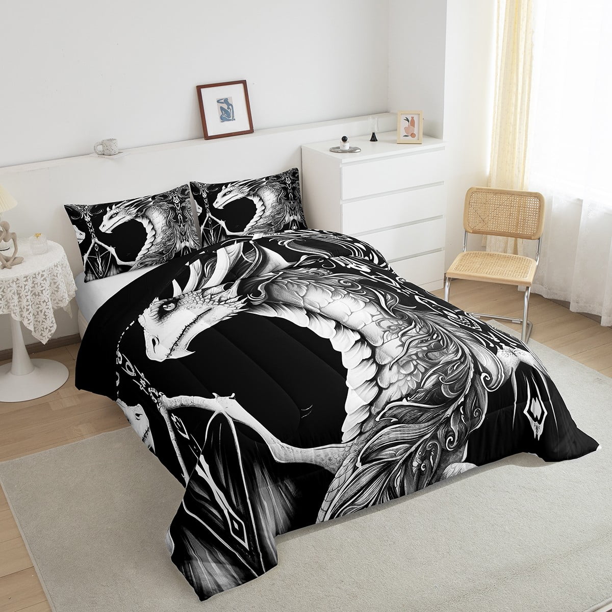 3D Dragon Comforter Set King Vintage Gothic Bedding Set,Black and White ...